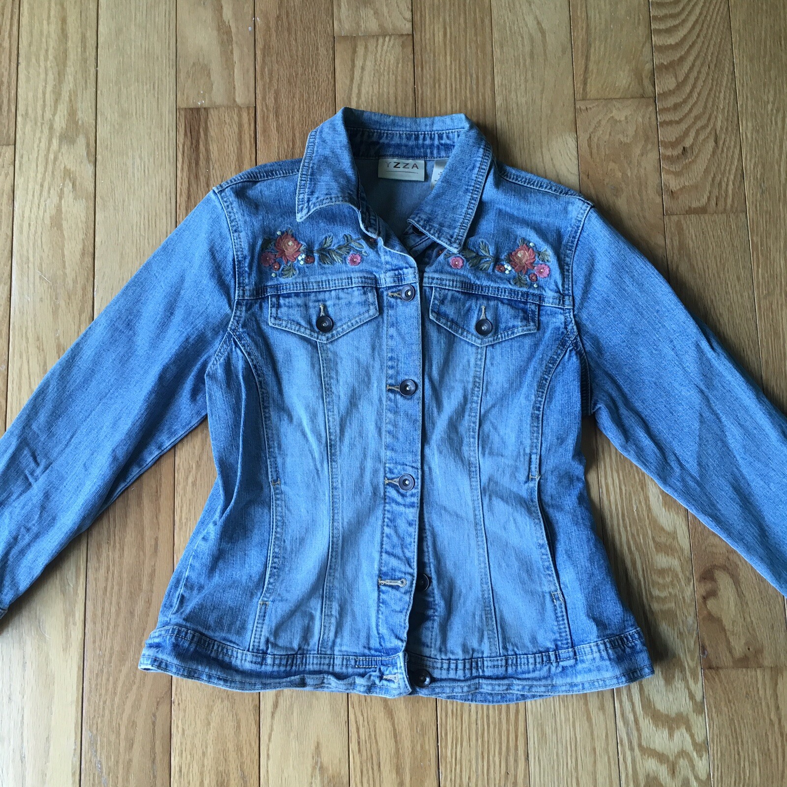 Vintage YZZA Floral Embroidered Denim Jean Jacket Y2K - Gem