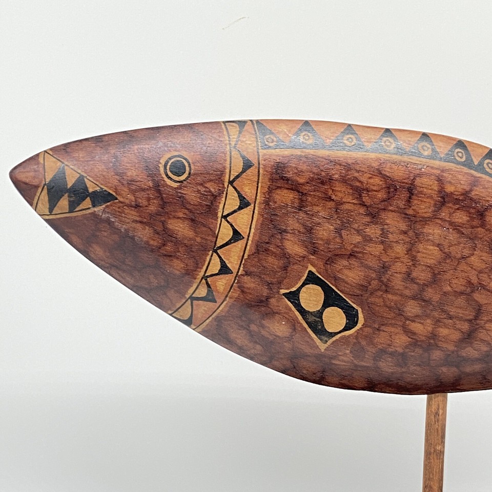 Folk Art Carved and Painted Whimsical Wooden Fish On Display Stand ...