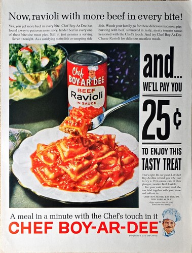 Chef Boy Ar Dee Ravioli Beef Dinner tasty treat-1962 Vintage Print Ad | eBay