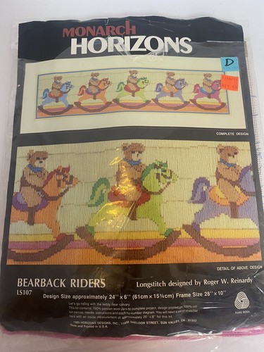 Vintage Monarch Horizons Long Stitch Needlepoint 24”x6” Bearback Riders ...