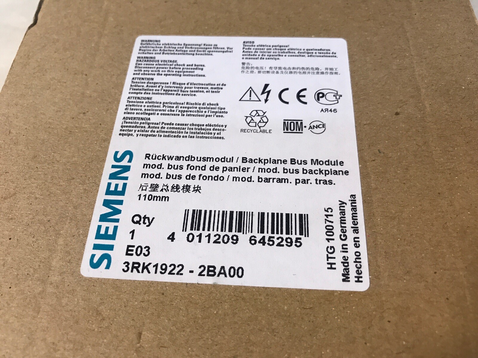 NEW Siemens 3RK1922-2BA00 Backplane Bus Module 110 mm for ET200pro ...