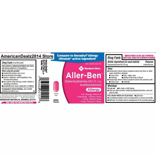 2 Pack ~ Member’s Mark Aller-Ben Allergy Med's 2/600ct = 1200 Tabs 25mg ...