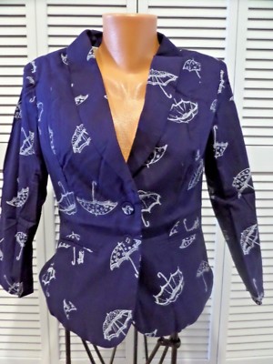Womens Snappy Studies Blazer Jacket in Umbrellas Sz L retro Blue Navy ...