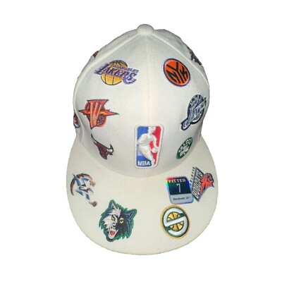 Reebok NBA All Over Logo Patch Star Fitted Hat Cap White 7 VTG Y2K ...
