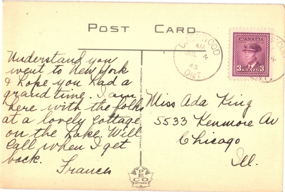 PECO Ottawa 1945 Postcard Lake Huron Grand Bend Ontario Canada ...