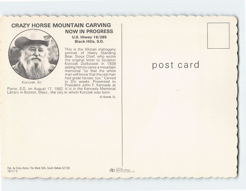 Postcard Henry Standing Bear Crazy Horse Mountain Carving Black Hills ...