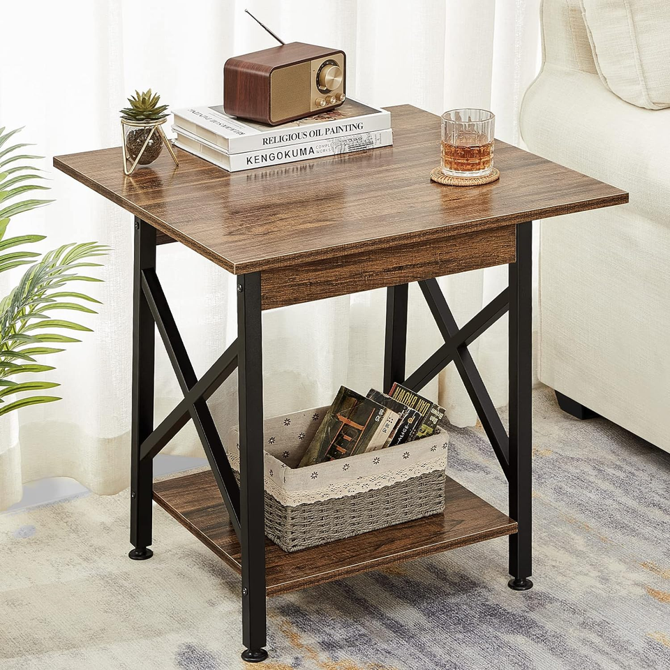 End Table 24 Inch Industrial Design Side Table with Storage Shelf for ...