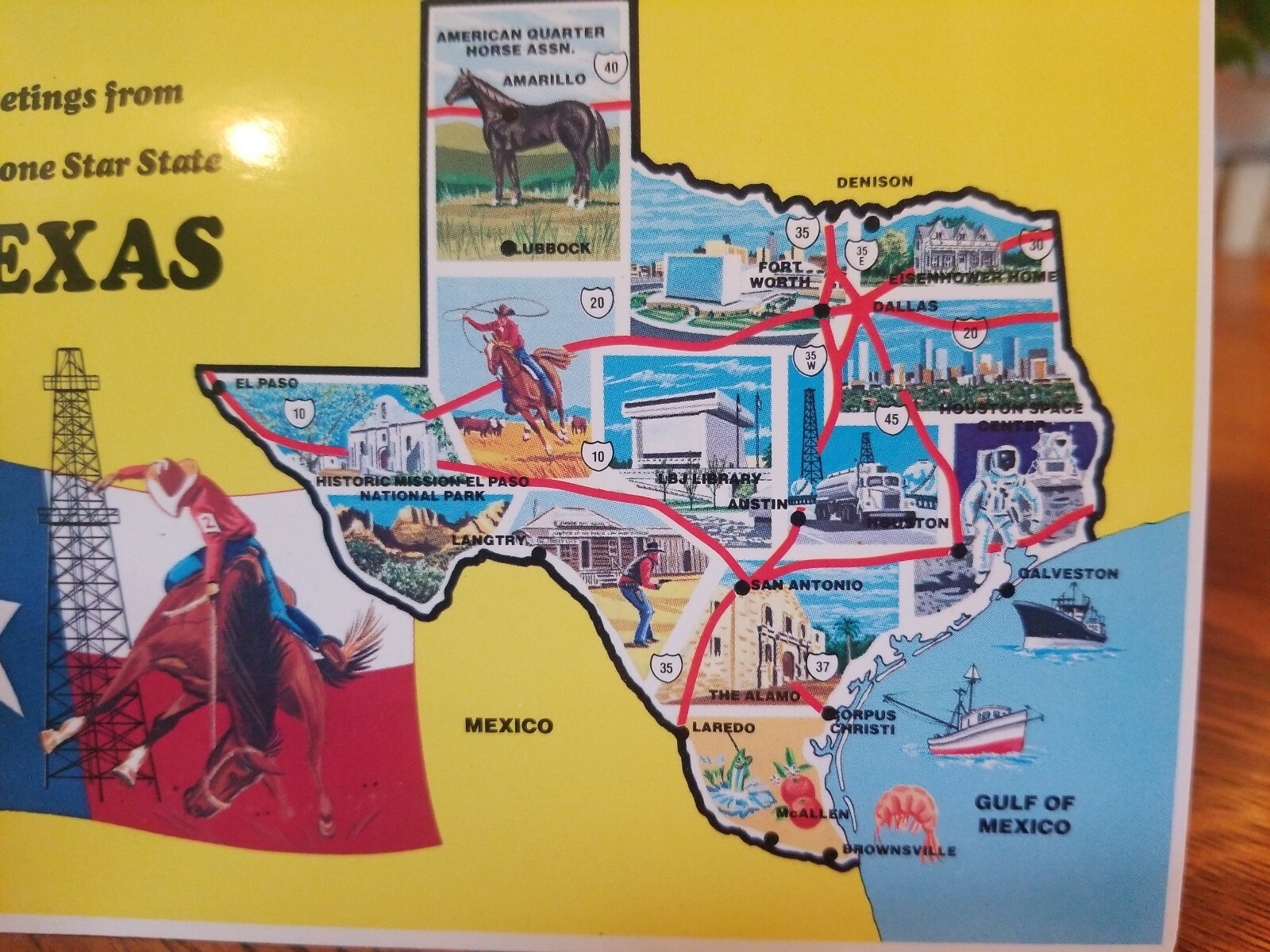 VINTAGE TEXAS POSTCARD UNPOSTED VIBRANT MAP DALLAS AMARILLO SAN ANTONIO ...