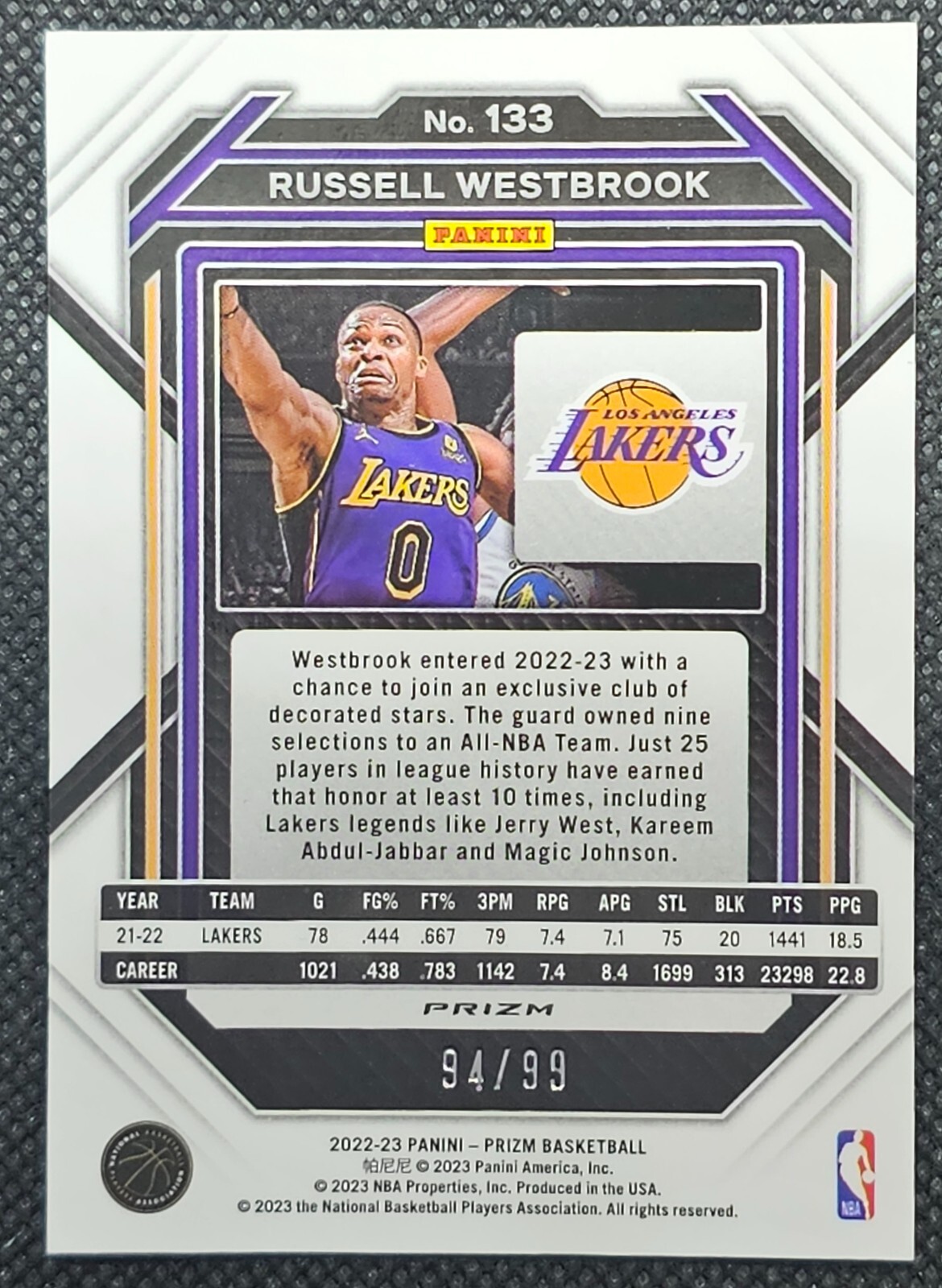 2022-23 Panini Prizm Russell Westbrook #133 Purple Prizm /99 Color ...