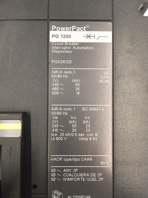 Square D PG 3 Pole 1200 Amp PGA36120 Instantanious Circuit Breaker PGA ...