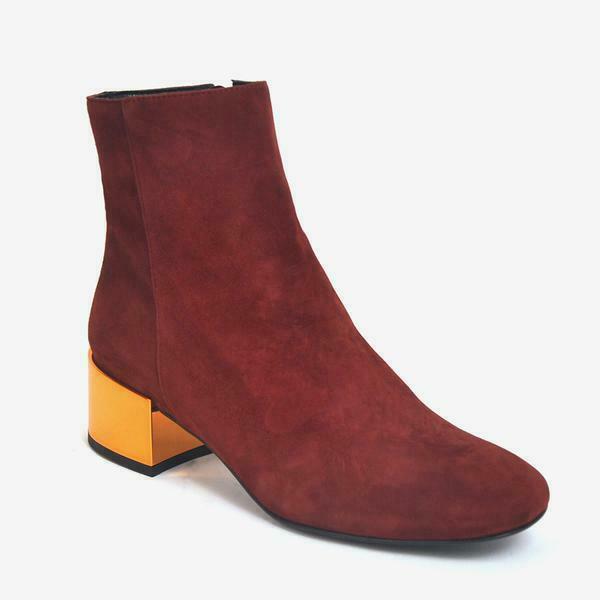 Ivy Kirzhner Ringo Red Suede Metallic Gold Block Heel Chic Designer ...