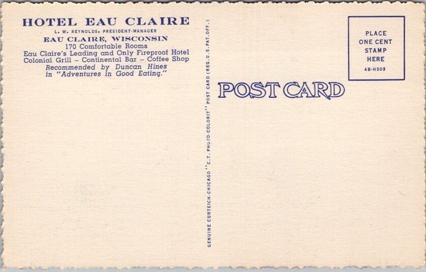 c1940s Eau Claire, Wisconsin Postcard HOTEL EAU CLAIRE Curteich Deckled ...