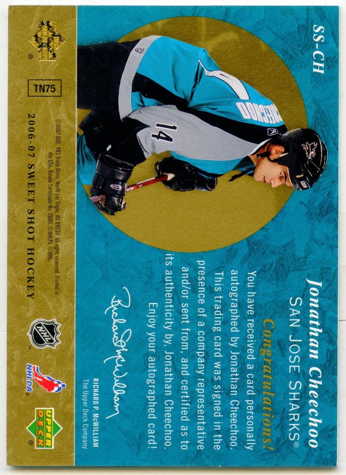 MINT 2006-07 Upper Deck Signature Shots Jonathan Cheechoo #SS-CH Auto ...