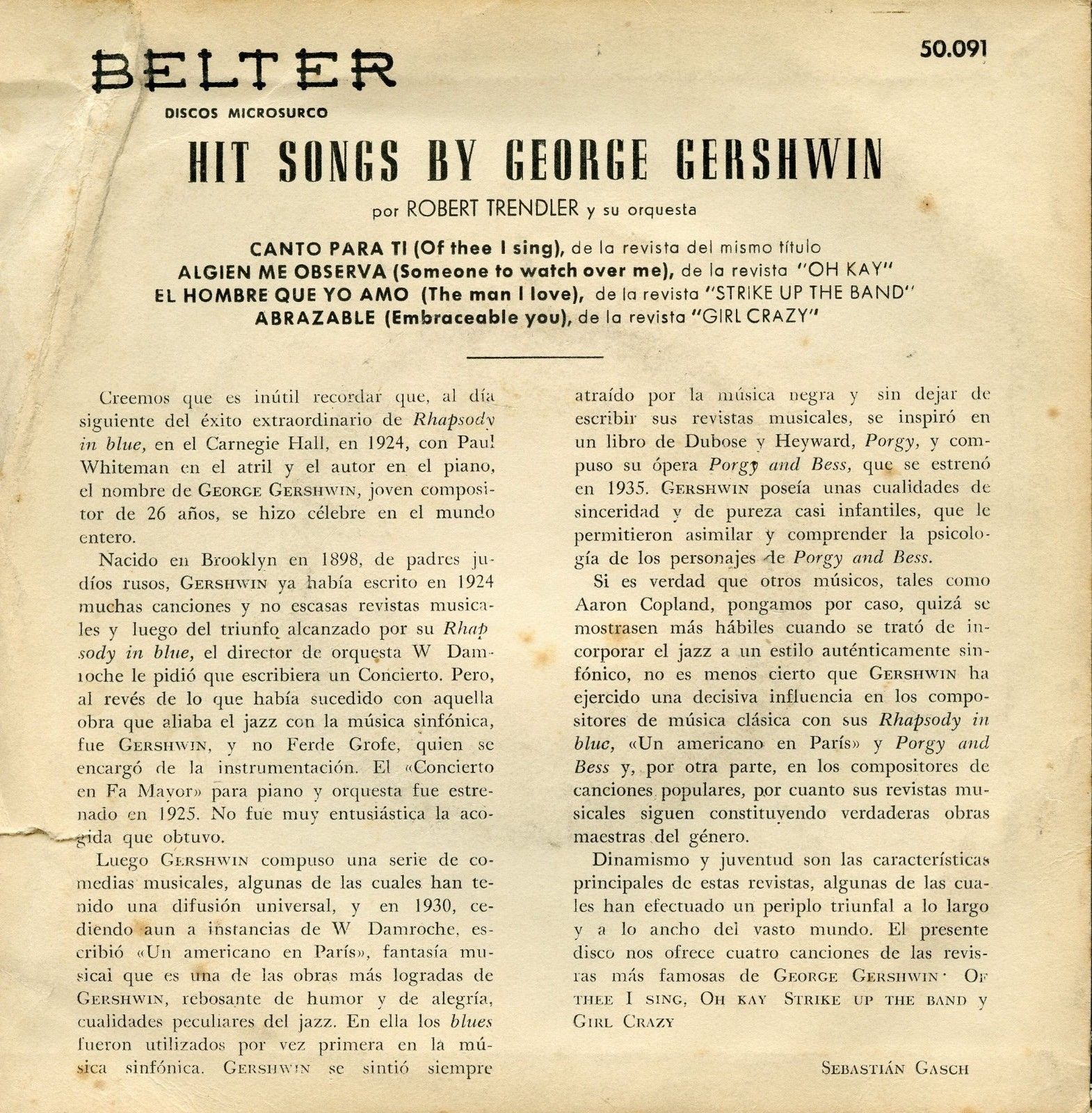 ROBERT TRENDLER / Hits George Gershwin / BELTER 50.091 Press Spain 1957 ...