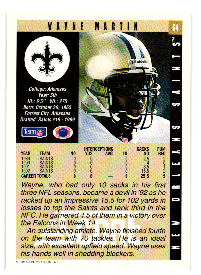 1993 Score Football Card #64 Wayne Martin - New Orleans Saints a1 | eBay
