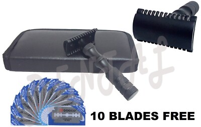 Safety Razor Double Edge Black Razors + 10 Free Blades/Pouch travel kit ...