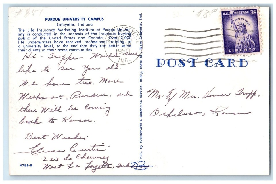 1958 Aerial View Purdue University Campus Lafayette Indiana IN Vintage ...