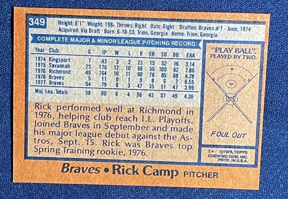 1978 TOPPS #349 RICK CAMP (ATLANTA BRAVES) BASEBALL CARD | eBay