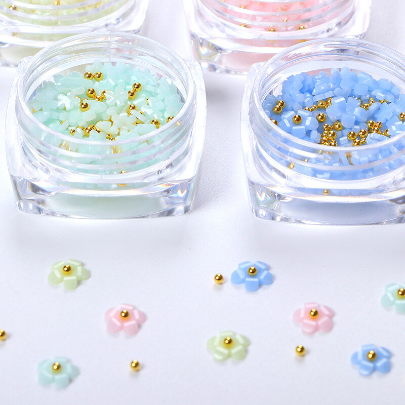 6/12 Grides Mixed Bead Nail Gem Pearl 3D Five-Petal Flowers Nails Art ...