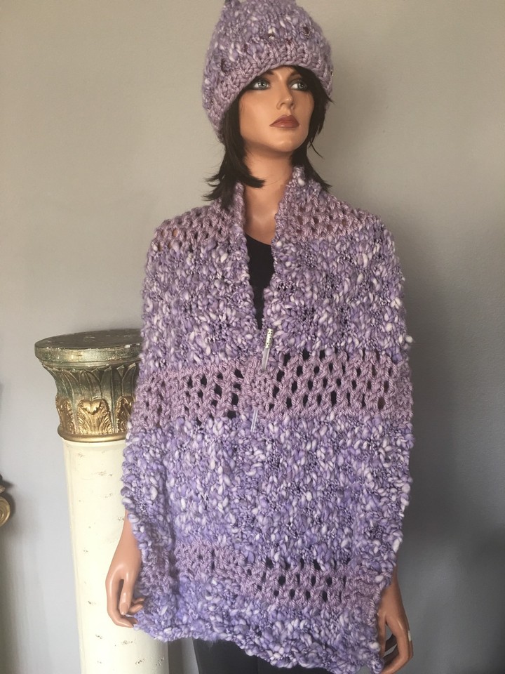 Hand Knit Shawl Hat Set Lilac Boucle Designer Fashion Chic Winter ...