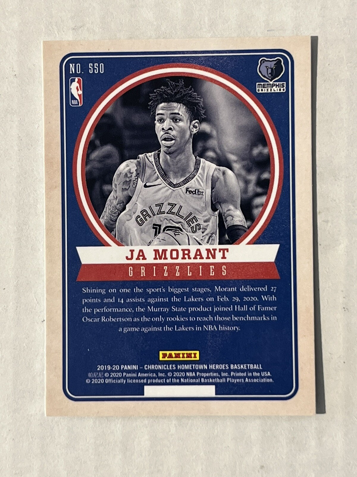 Ja Morant 2019-20 Panini Chronicles Hometown Heroes RC Rookie Grizzlies ...