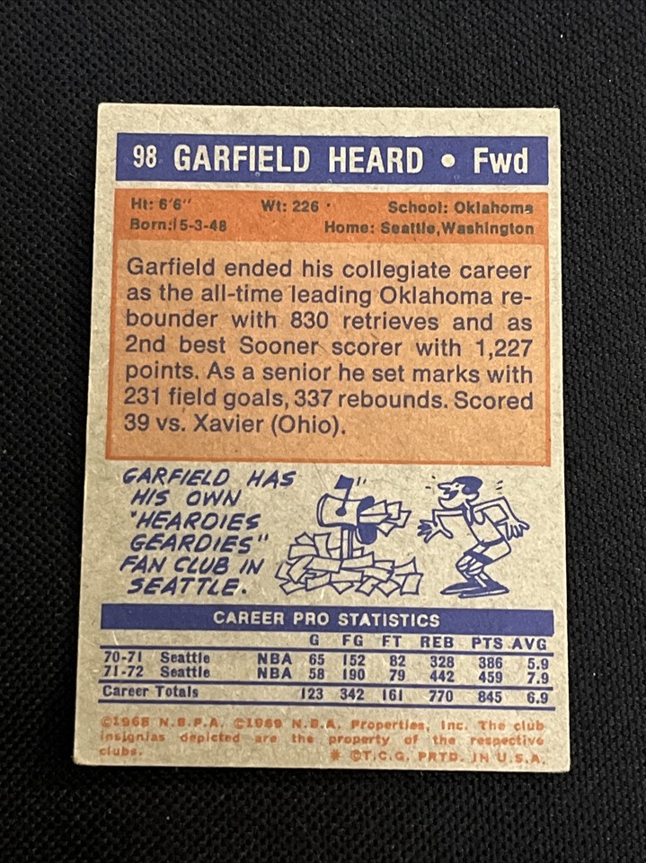 GARFIELD HEARD 1972-73 TOPPS ROOKIE SIGNED AUTOGRAPHED CARD SEATTLE ...