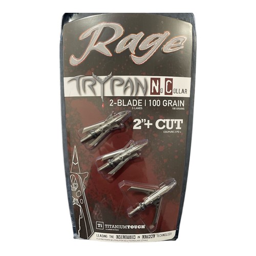 Rage Trypan No Collar 2-Blade 100 Grain 2" Cut Hypodermic Broadheads 3 ...
