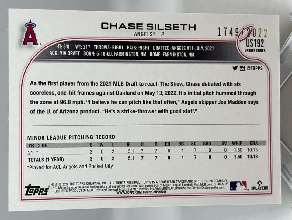 2022 Topps Update Chase Silseth Rookie Gold Parallel #1749/2022 LA ...