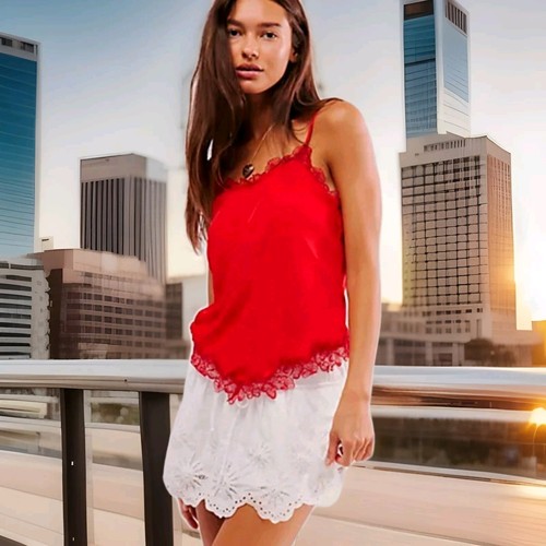 Free People Sunset Lover M Cami Tank Top High Risk Red Butterfly Lace ...
