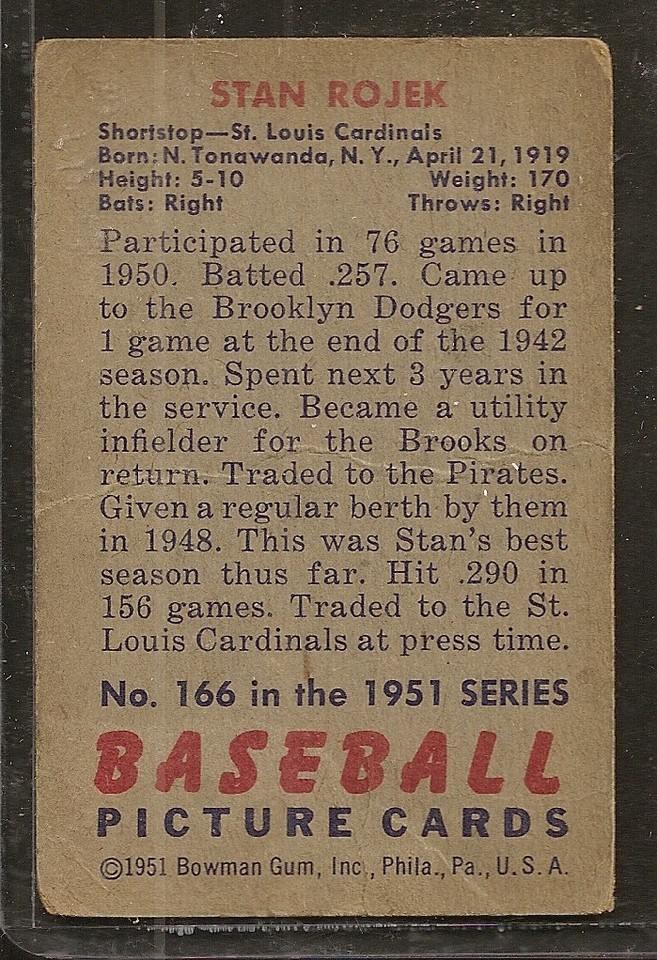 1951 Bowman Stan Rojek #166 | eBay