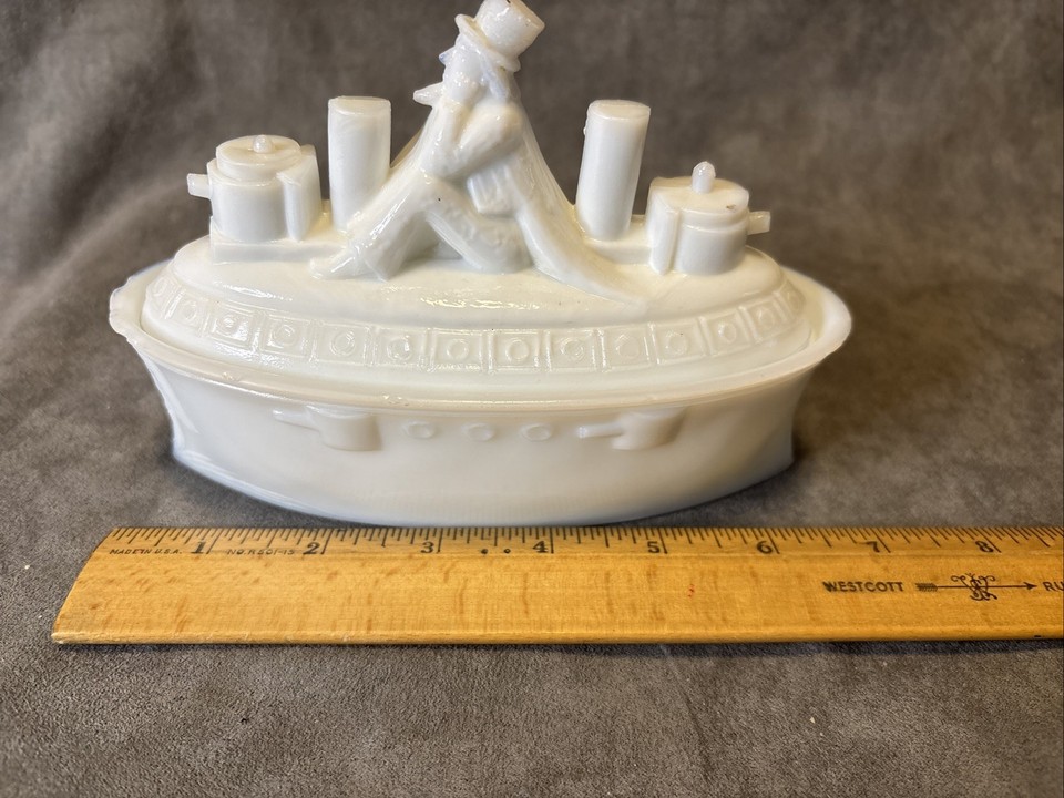 Antique Flaccid Bros Uncle Sam Battleship Milk Glass Covered Mustard ...