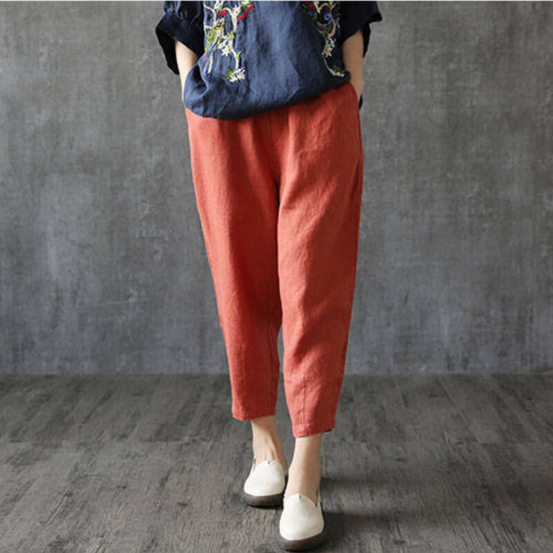 Summer Lady Cotton Linen Cropped Pants Ethnic Pocket Trousers Thin ...