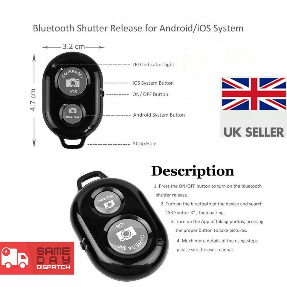 Bluetooth Remote Control Phone Camera Selfie Shutter Stick for iPhone ...