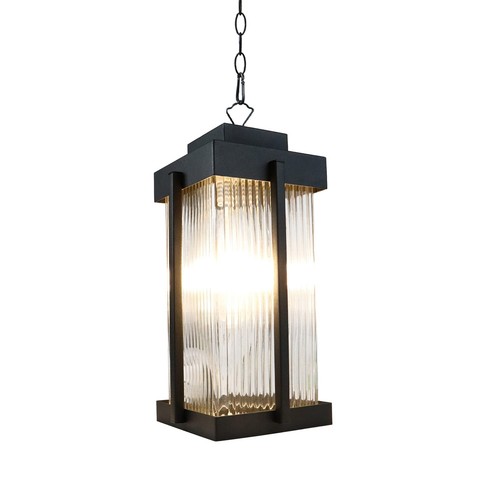 MONKFISH Modern Simple Black Outdoor Pendant Light with Striped Glass ...