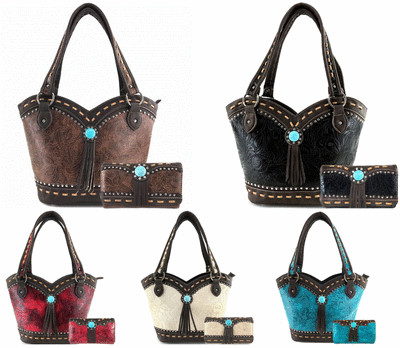 Justin West Turquoise Concho Fringe Tooled Western Shoulder Tote ...