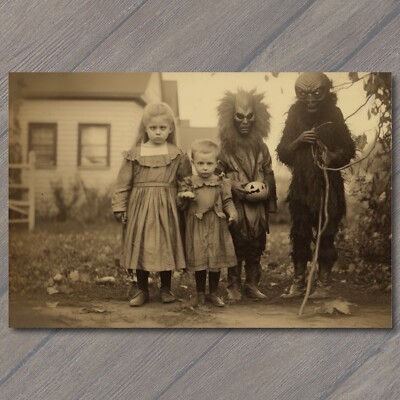 POSTCARD Weird Creepy Vintage Family Halloween Cult House Unusual Masks ...