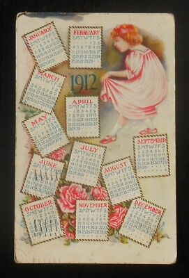 1912 Happy New Year Greetings Calendar Months of the Year Cute Girl ...