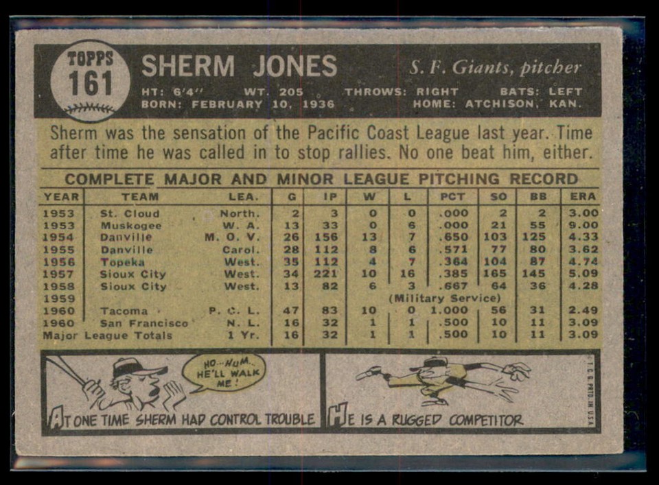 1961 Topps #161 Sherman Jones VG-VG+ | eBay