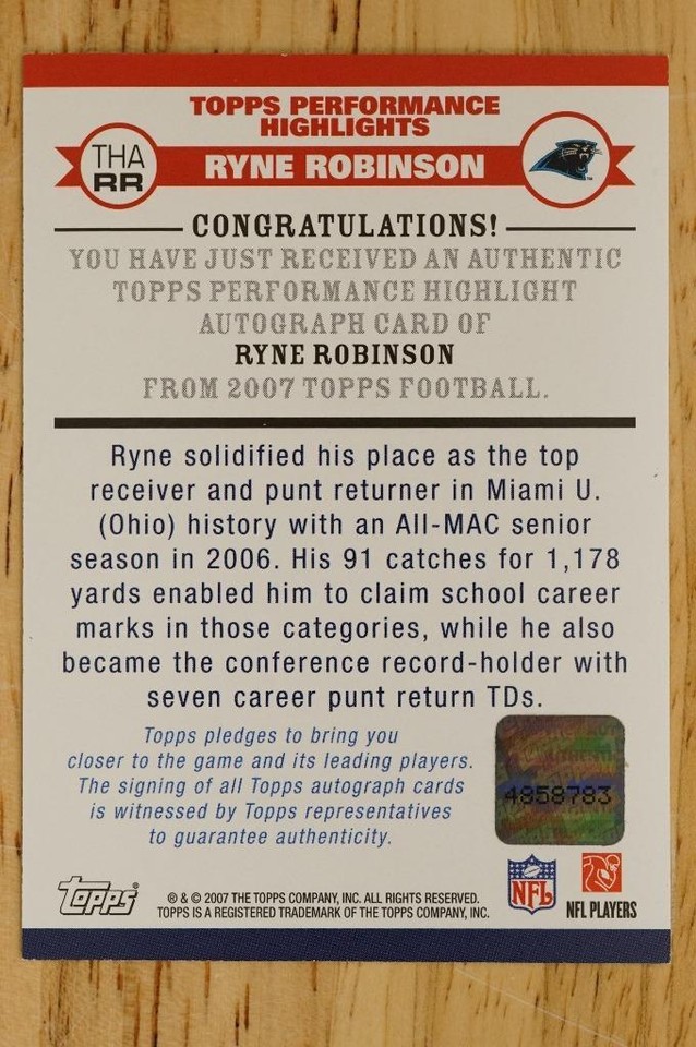 2007 Topps Performance Highlights Autograph Football Card THA-RR Ryne ...