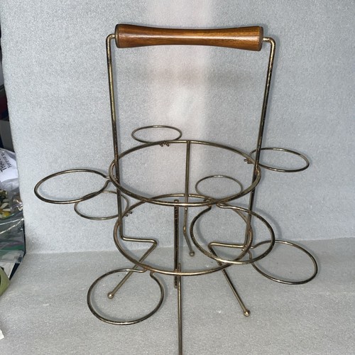 MCM Brass Colored Drinking Glass Ice Bucket Caddy Rack Carrier Wood ...