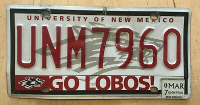 UNIVERSITY OF NEW MEXICO LOBO LICENSE PLATE " UNM 7960 " NM COLLEGE ...