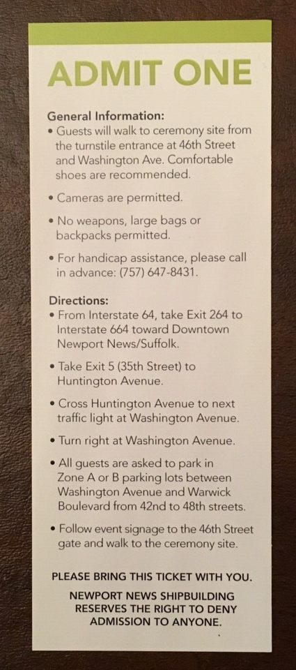 USS NEW JERSEY SSN 796 ATTACK SUBMARINE CHRISTENING CEREMONY TICKET (11 ...