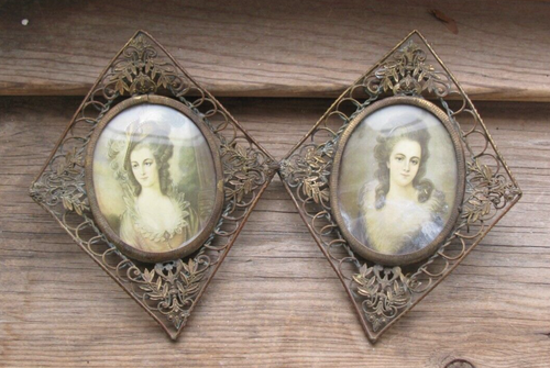 Two Beckhard Line Brass Filigree Diamond Shape Frames Lady Prints Miss ...