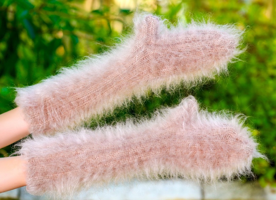Fuzzy long mohair mittens thick warm handmade soft ski hand warmers ...