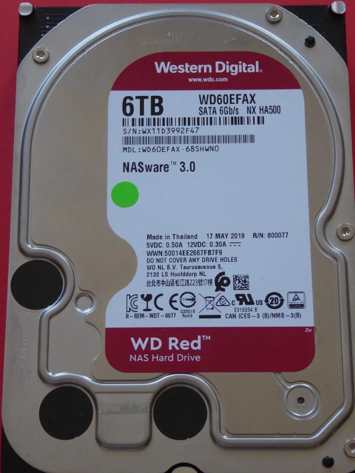 WD60EFAX-68SHWN0 S/N: WX11D 17 MAY 2019 Thailand Western Digital WD Red ...