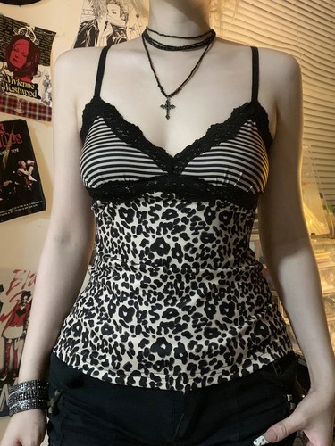 Y2K Leopard Print Lace Camisole – Coquette Aesthetic Crop Top | eBay