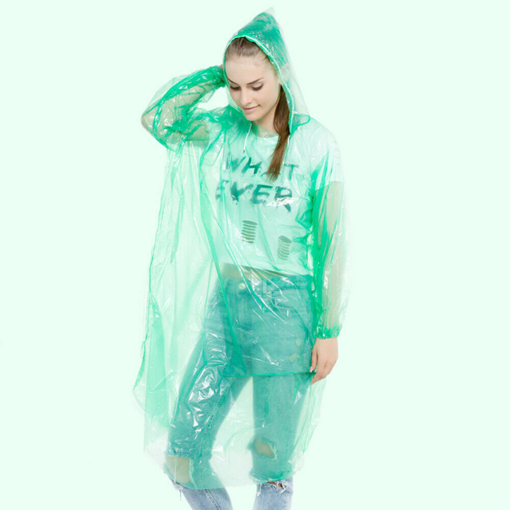 5x Disposable Hooded PE Raincoat Poncho Plastic Rain Coat Rainwear ...
