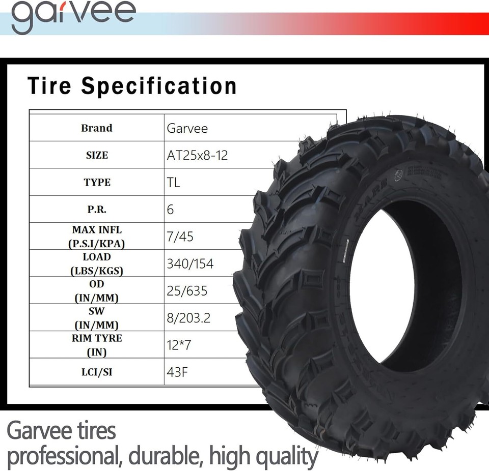 2 Set 25x8-12 ATV Tires 6PR 25x8x12 ATV UTV Tires 25 8 12 All Terrain ...