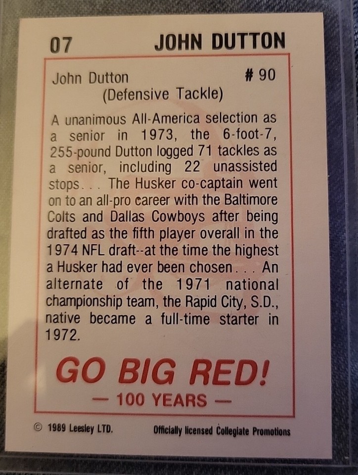1989 Leesley Nebraska Cornhuskers Go Big Red John Dutton #07 | eBay
