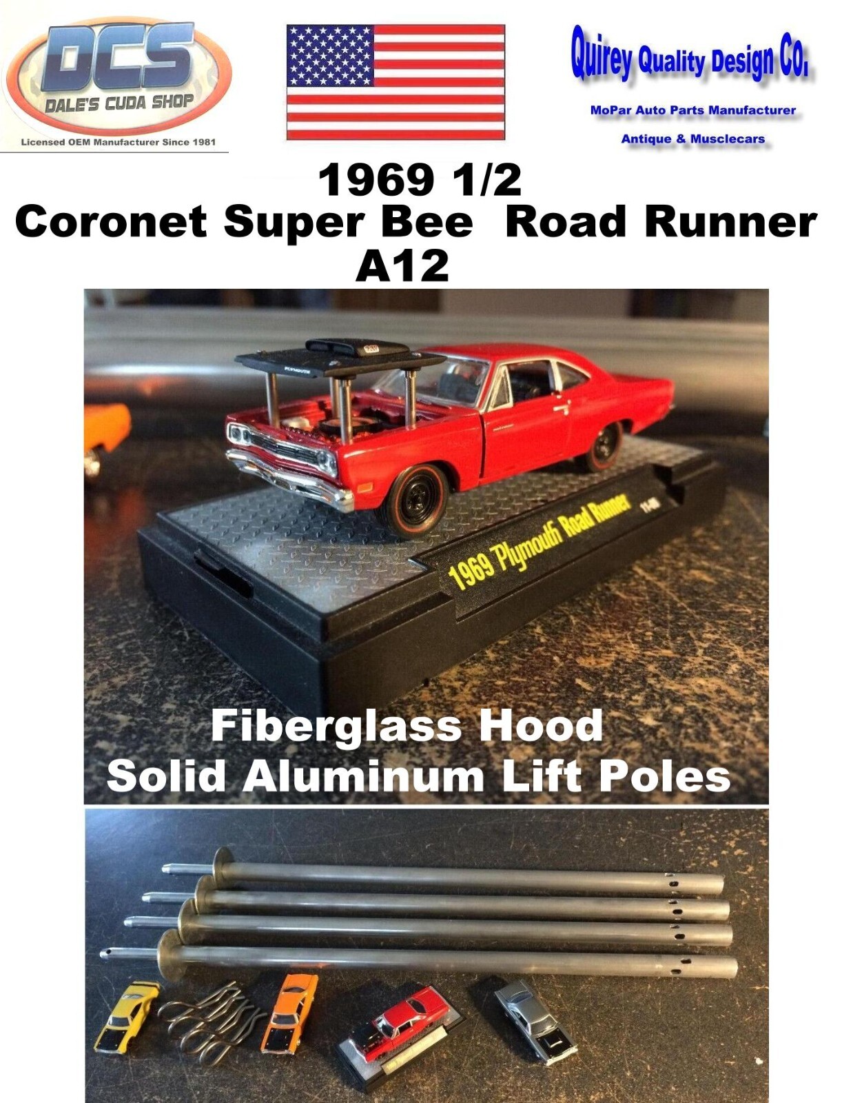 1969 1/2 A12 440 Road Runner Fiberglass Lift Off Hood SHOW Lift Poles ...